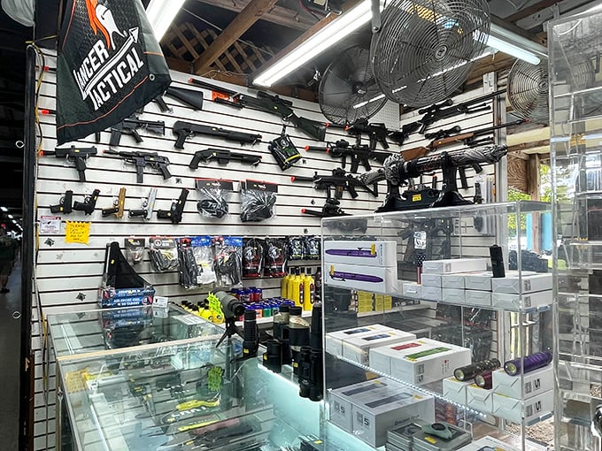 Tactical toys for big boys. This display would make action movie directors jealous—all the gear without the Hollywood budget.