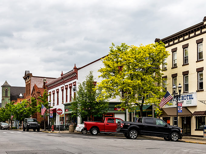 Allegheny Street showcases the architectural equivalent of a well-curated playlist—different styles that somehow create perfect harmony. Those American flags aren't decorations; they're punctuation.
