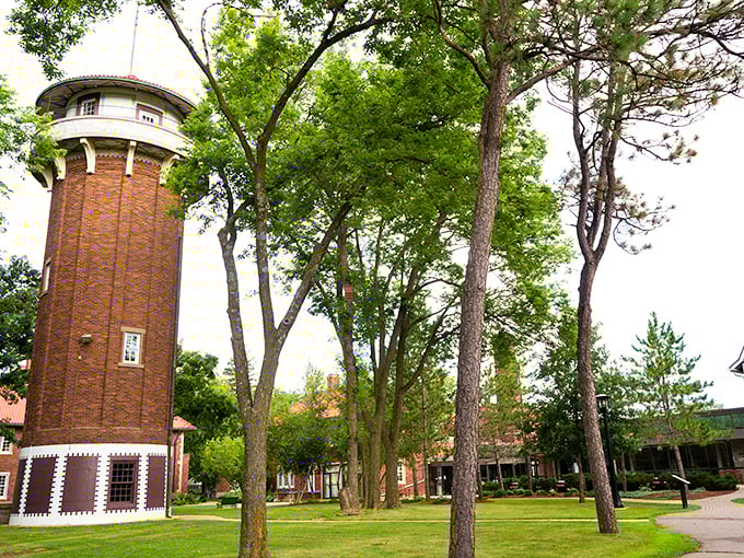 The Anderson Center's distinctive water tower stands sentinel over grounds where art and nature create a peaceful retreat.