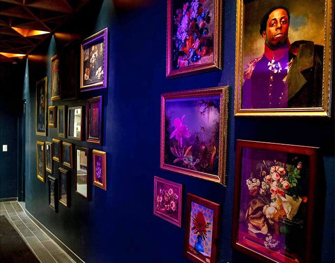 The vibrant art gallery wall brings New Orleans' colorful personality to San Diego, proving good taste extends beyond just the kitchen.