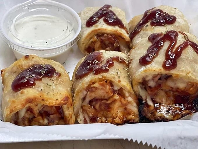 BBQ chicken rolls drizzled with sauce that would make a Southerner nod in approval. Portable barbecue genius wrapped in a neat little package.