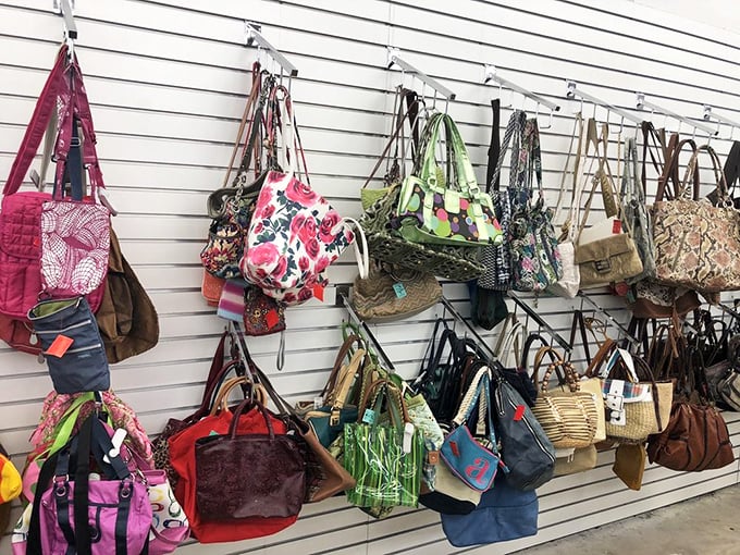 Handbag heaven! Designer lookalikes mingle with authentic brands in this wall display that proves style doesn't have to come with a three-digit price tag.