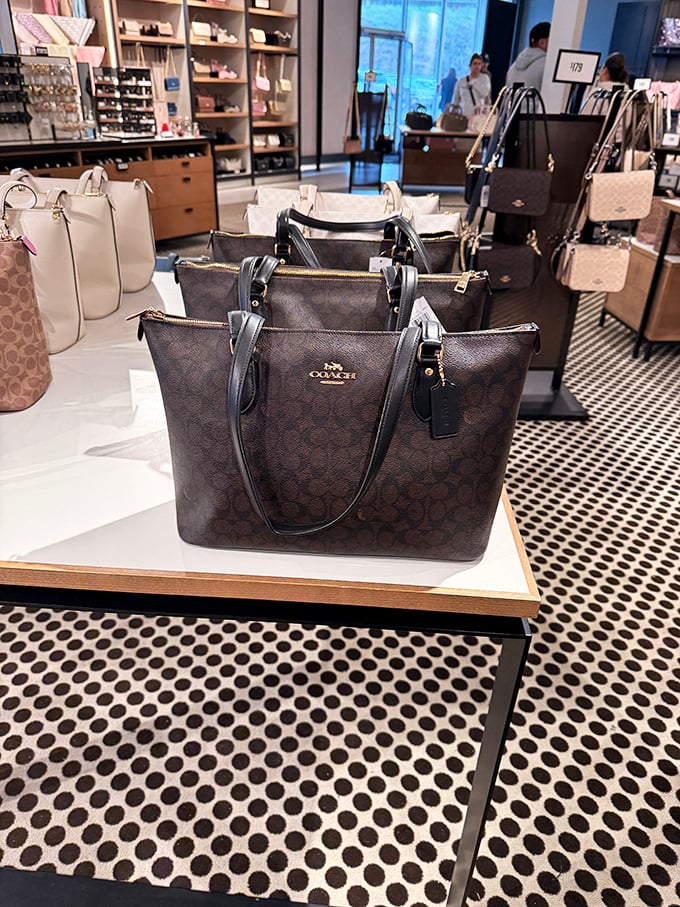 Coach bags displayed like the works of art they are. Your wallet may protest, but at these prices, it's practically fiscal responsibility.