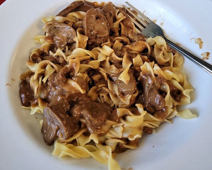 Comfort food perfection on a plate – tender beef and mushrooms in rich gravy over noodles that could cure any case of the blues.