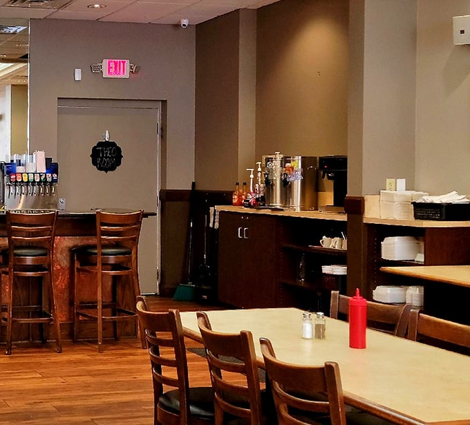 The beverage station stands ready for action, promising that your coffee cup will never reach empty before a friendly refill appears.
