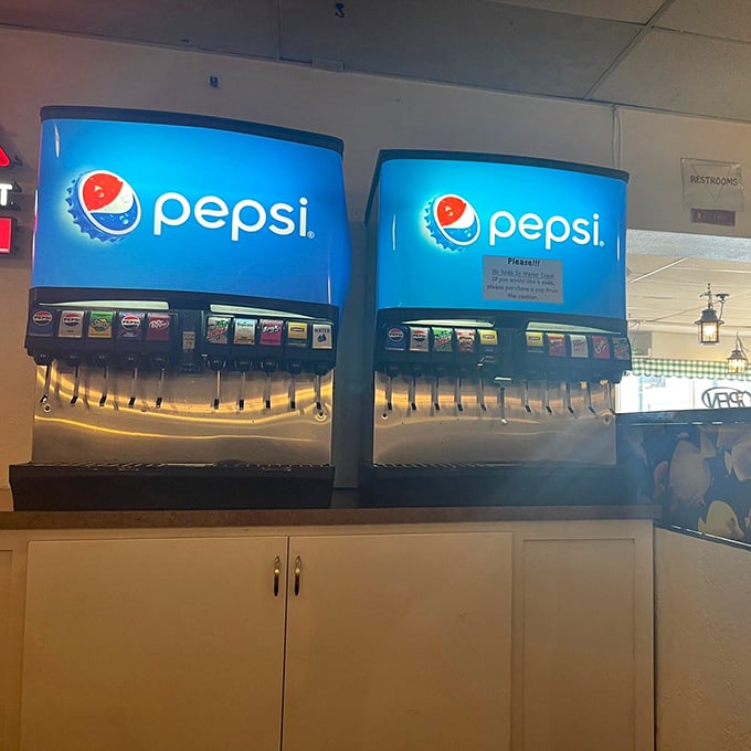 The soda fountain of youth. Nothing washes down perfectly fried seafood like an ice-cold fountain drink—desert dining 101.