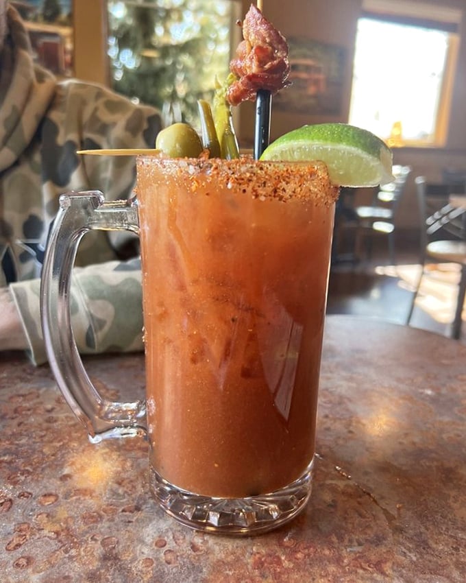 A Bloody Mary that looks like it could cure whatever ails you, garnished with enough vegetables for lunch.