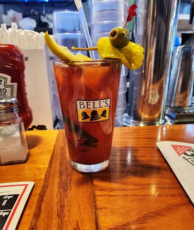 Their Bloody Mary comes dressed for success. That olive and pepper garnish isn't just decoration—it's a snack with a view.