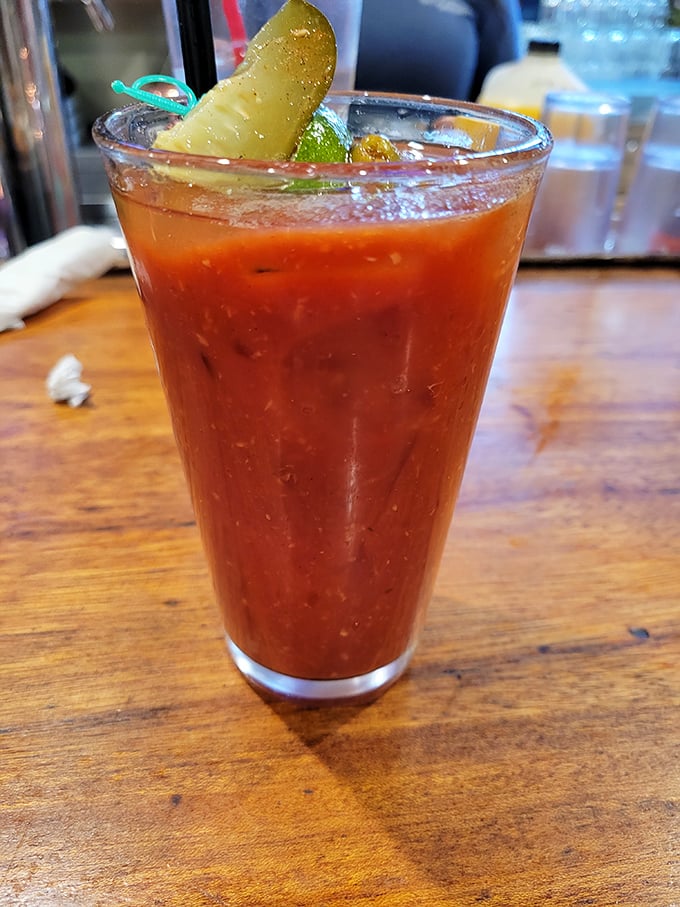 A proper Bloody Mary with all the fixings—the breakfast of champions who aren't planning to operate heavy machinery.