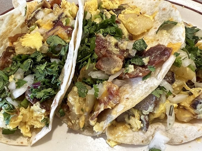 Breakfast tacos: where morning meets Mexico in a hand-held celebration. The cilantro isn't just garnish—it's an exclamation point.