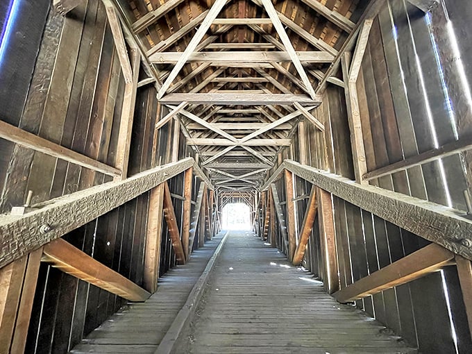 Another perspective of the interior's hypnotic geometry – it's like being inside a giant wooden puzzle.