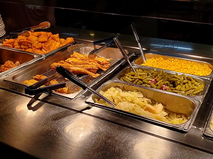 The buffet line—where dreams are made and diets go to die. Those green beans have definitely been cooking since sunrise.