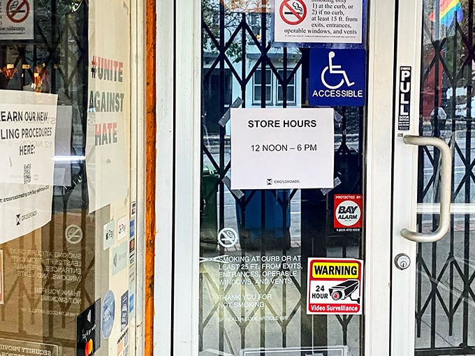 Store hours posted with minimalist precision—noon to 6pm daily—giving fashionistas a specific window for their treasure hunting expeditions.
