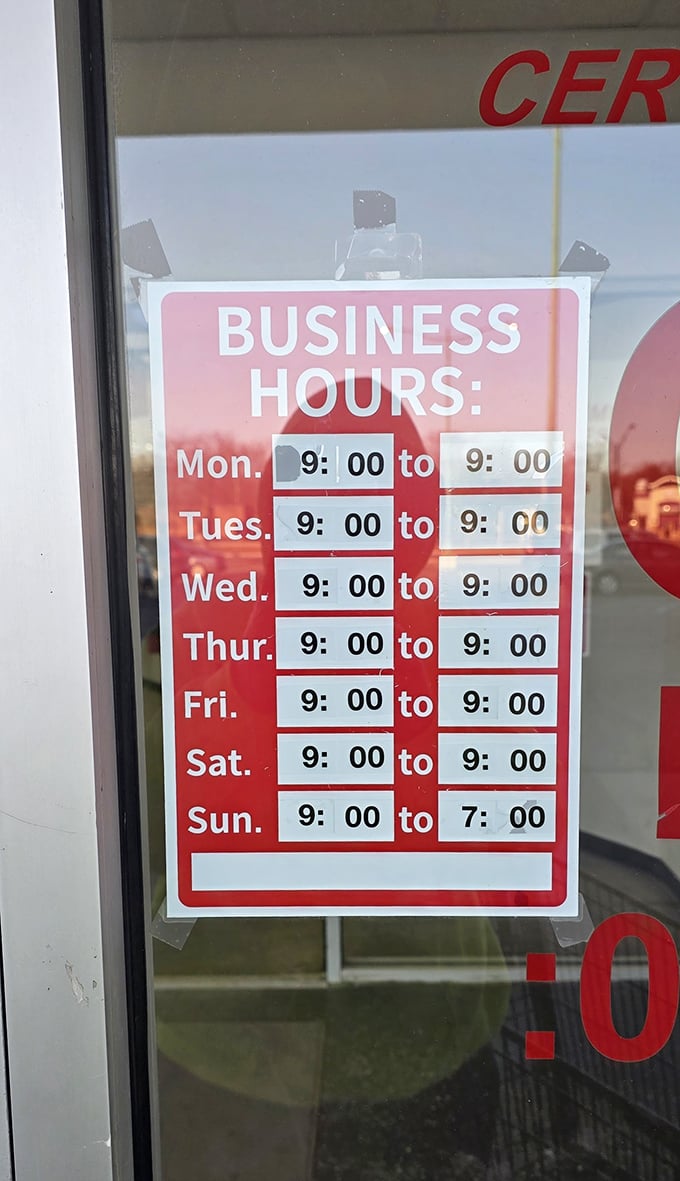 Business hours that respect the serious nature of thrift shopping. Note Sunday's early closing—even treasure hunters need rest.