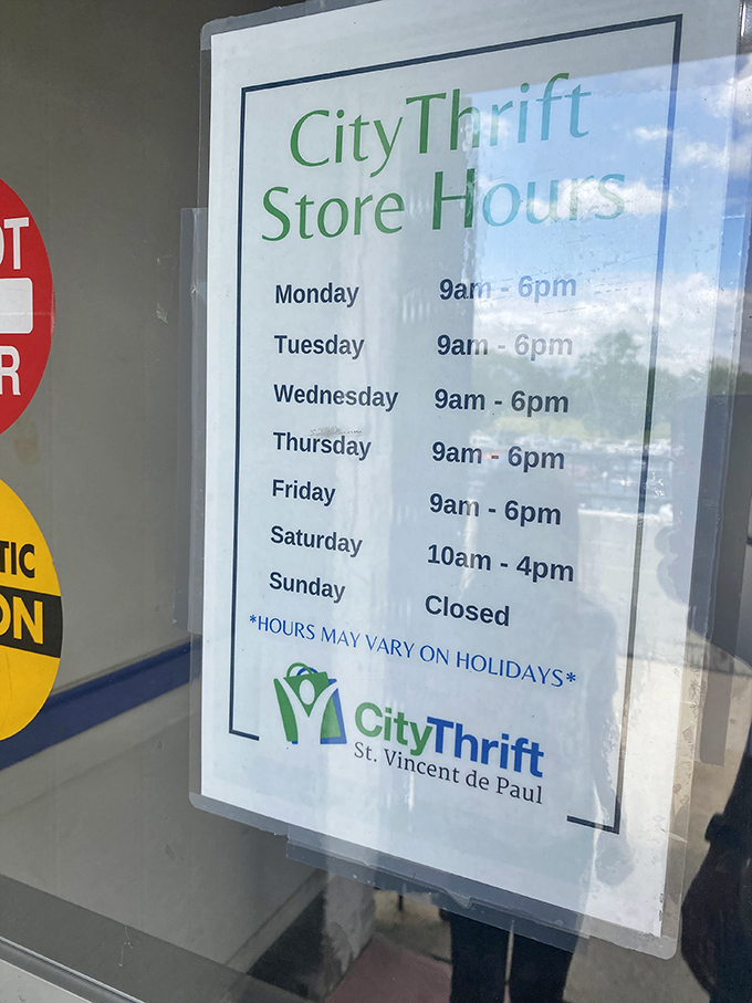 The hours of opportunity! This schedule reveals when you can embark on your thrifting adventures—plan accordingly, treasure seekers.
