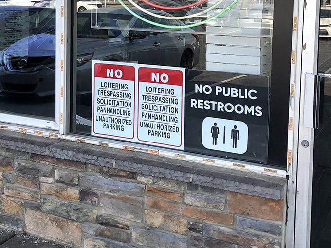 The "no public restrooms" sign—a Philadelphia tradition as established as the Liberty Bell, but considerably less tourist-friendly.