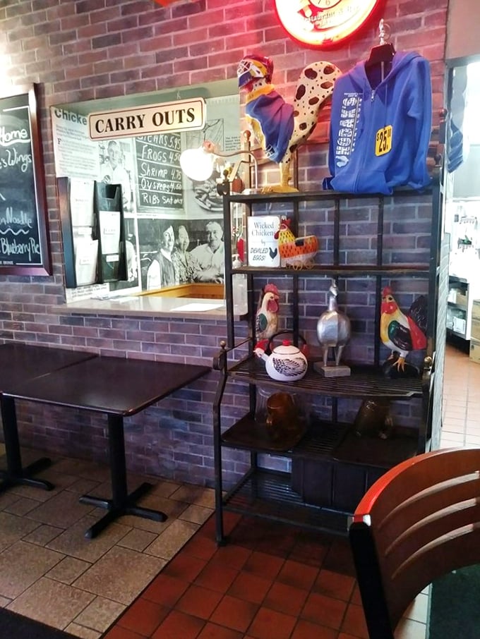 The chicken-themed decor corner reminds you that Hodak's knows exactly what they're about—no identity crisis in this establishment.