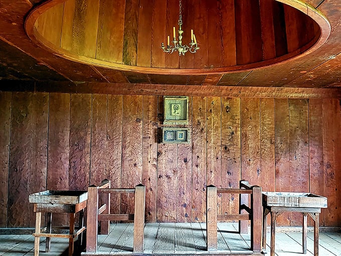 Simple wooden benches beneath a soaring ceiling—this chapel interior reminds us that spiritual solace was essential on the colonial frontier.