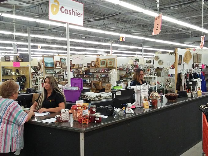 Where treasures and cash exchange hands, friendly staff ready to hear about your finds while secretly envying your bargaining skills.