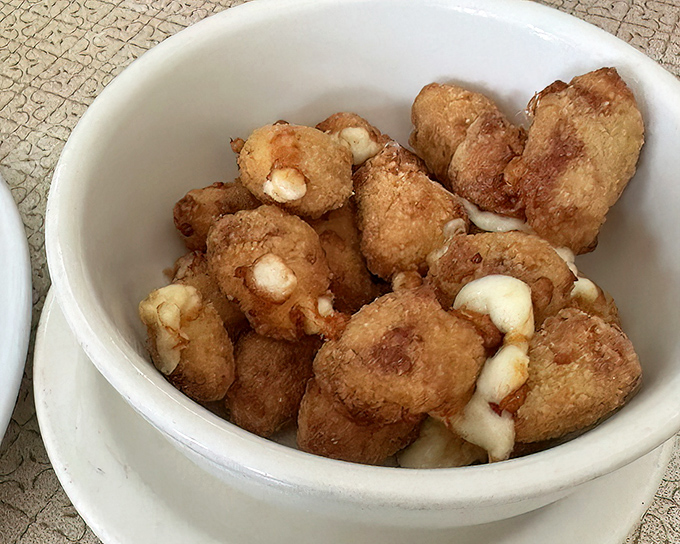 Wisconsin's beloved cheese curds, golden-fried to perfection—little nuggets of joy that squeak their approval with every delicious bite.