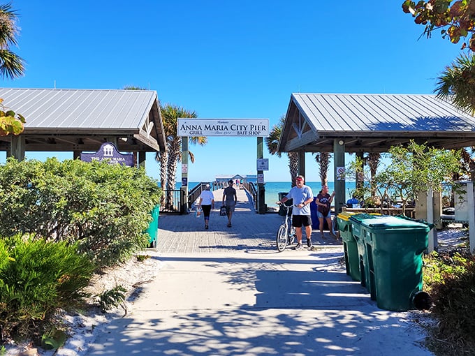 The City Pier entrance frames the perfect postcard moment – a gateway to endless blue horizons and fishing tales.