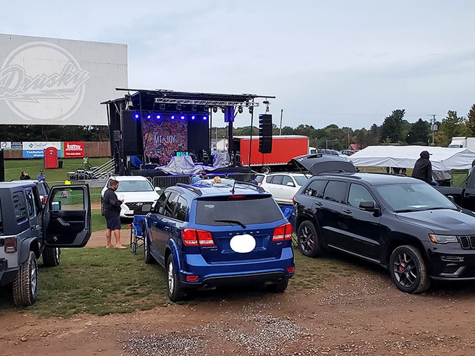 Concert night at the drive-in: where your car's sound system becomes part of the band and dancing room is limited only by your imagination.