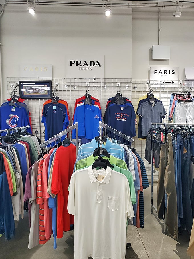 Chicago sports fans rejoice—Cubs gear and other local team merchandise often appears among the carefully organized clothing racks.