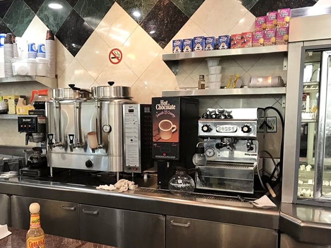 The coffee station – command central for the lifeblood of any respectable diner, where morning transformations begin one cup at a time.
