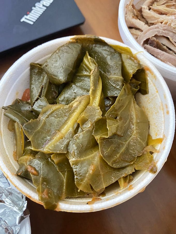 Collard greens that have clearly spent quality time with some porky companions, resulting in a side dish that could easily be the main event.