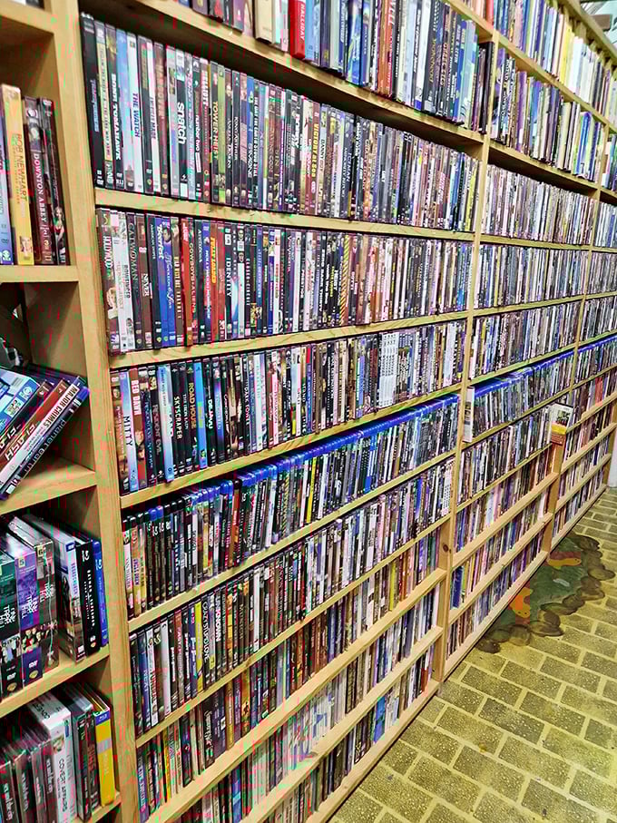 The Great Wall of Cinema! This DVD collection rivals any streaming service, with the added bonus of nostalgic cover art.