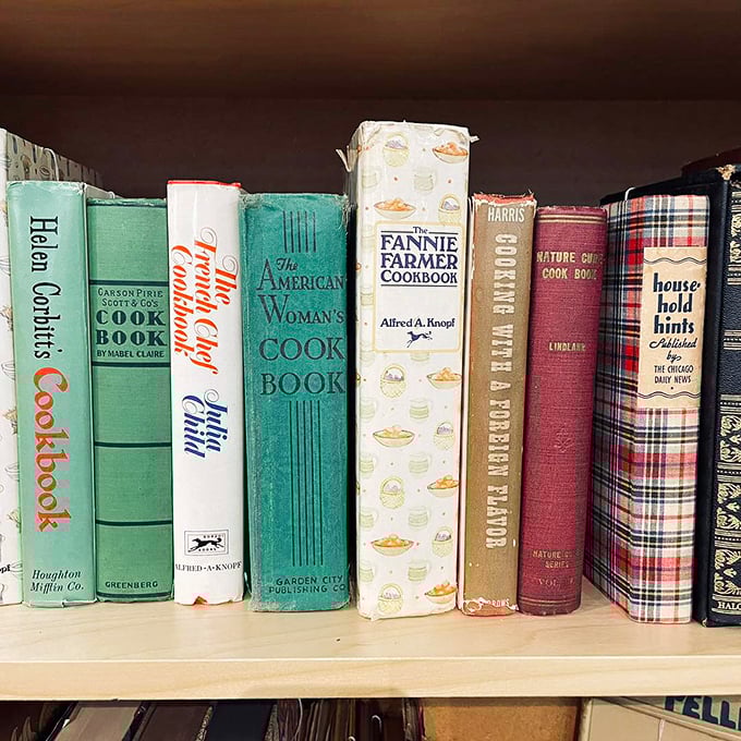 Vintage cookbooks with splatter-marked pages—each stain a testament to recipes that actually worked in real kitchens.