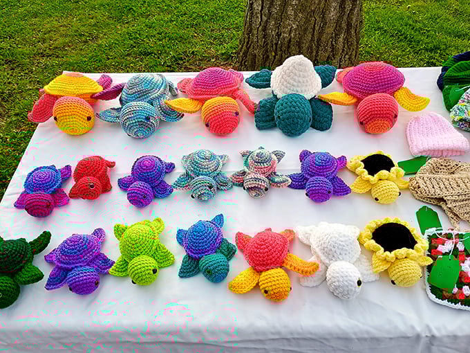Crocheted turtles march across the table like a rainbow migration, each one representing hours of someone's grandmother-level patience and skill.