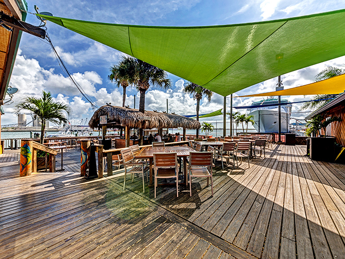 he outdoor deck—where vitamin D meets vitamin Sea. Those colorful shade sails add just the right amount of protection without blocking the million-dollar views. 