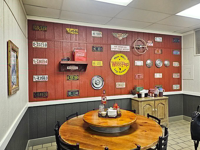 License plates and nostalgic signs create a museum of Americana on the walls—visual comfort food to accompany your actual comfort food.
