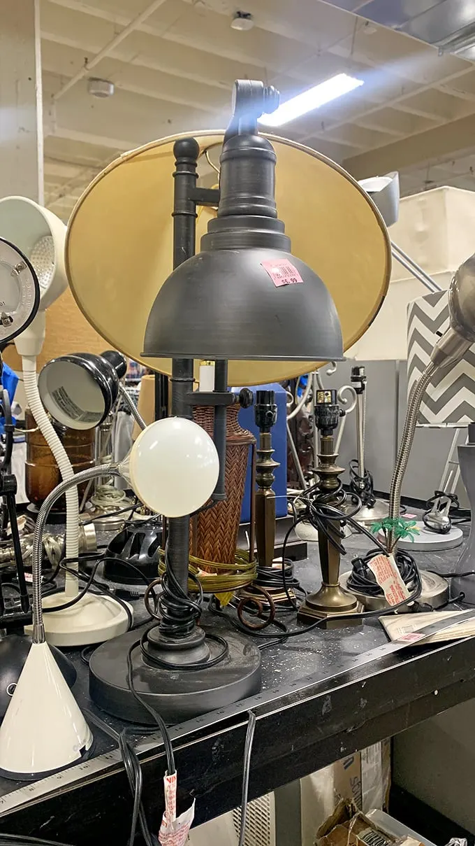 Industrial chic lighting that Brooklyn hipsters would pay hundreds for. Here, it's just Tuesday's find between the toasters and the teapots.