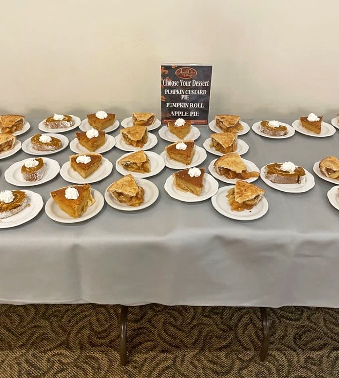 The dessert table presents a pie paradise that would make grandmothers proud—each slice a testament to the fact that happiness is indeed something you can eat.