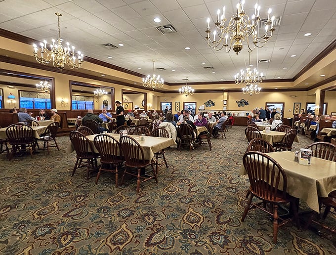 Chandeliers cast a warm glow over diners enjoying meals that taste like someone's grandmother is hiding in the kitchen.