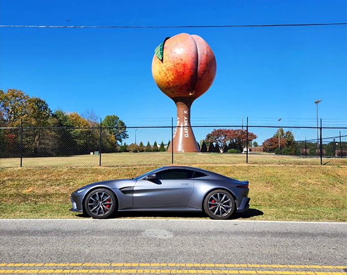 A sleek sports car provides scale – and perhaps a bit of competition – for Gaffney's curvy roadside celebrity.