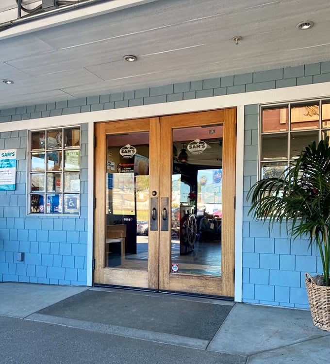 The entrance to seafood paradise. Those wooden doors might as well be pearly gates for fish enthusiasts.