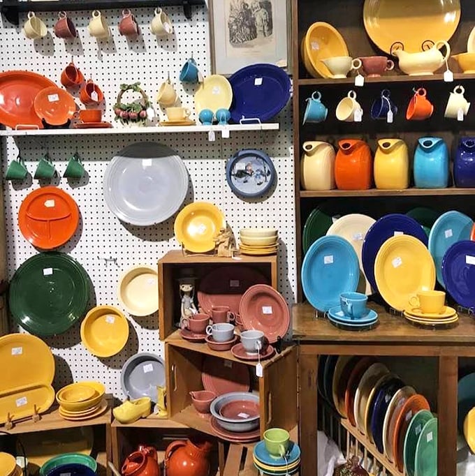 Fiestaware in its full rainbow glory – the pottery that brightened American tables for generations. These cheerful dishes still make meals special.