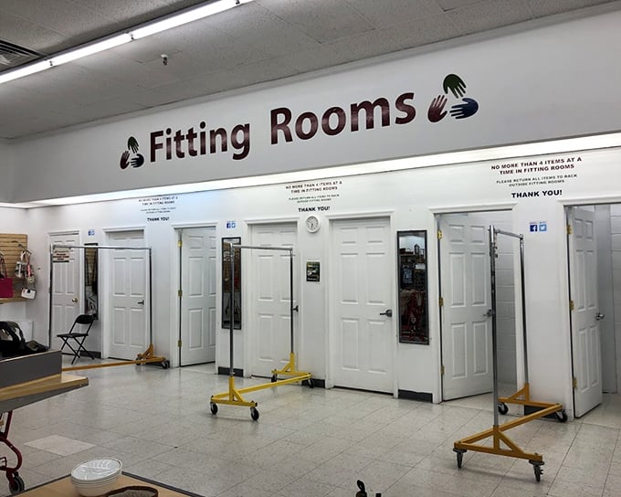 The fitting room area: where thrift store dreams meet reality, and the phrase "it looked different on the hanger" was practically invented.