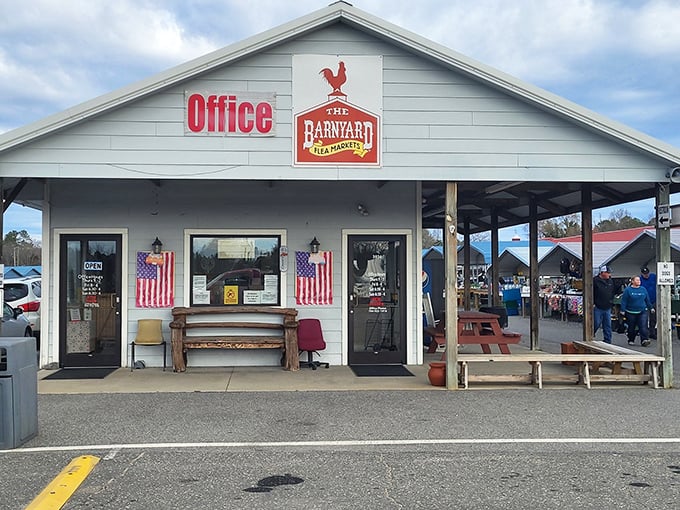 Command central for flea market operations. This charming office with its rustic bench welcomes visitors to bargain-hunting headquarters.