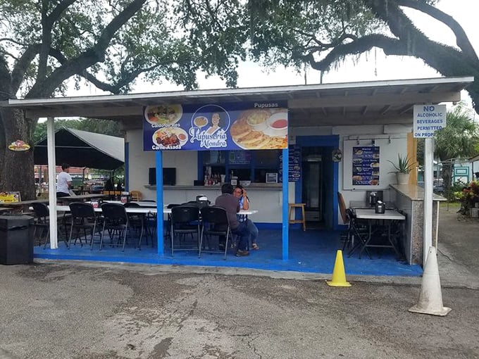 This blue-trimmed food stand promises pupusas and other Latin delights—the perfect refueling station for serious flea market warriors.