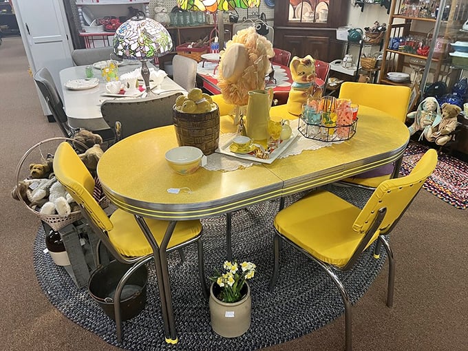 This sunshine-yellow Formica table set isn't just furniture; it's every 1950s breakfast nook where families started their day.