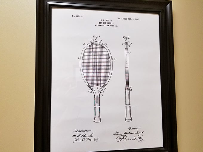History meets artistry in this framed tennis racket patent—proving that even a thrift store can surprise you with unexpected moments of historical appreciation.
