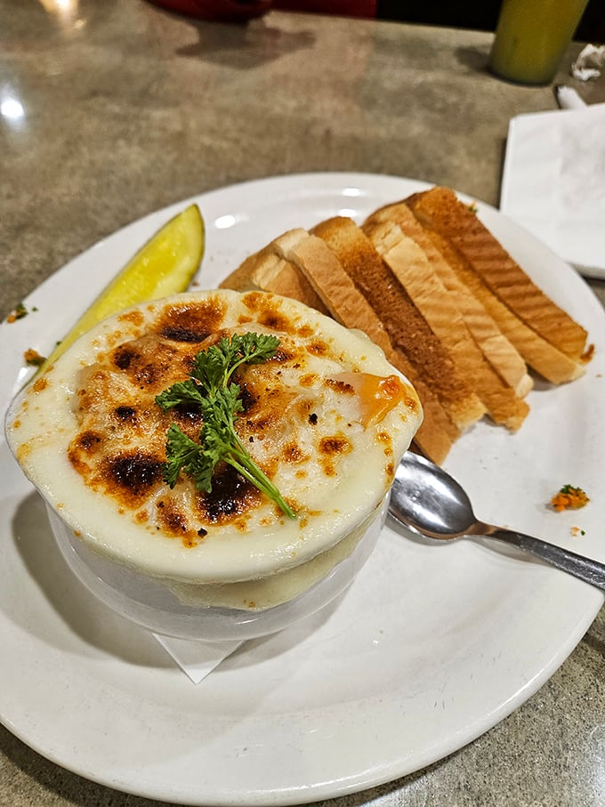 French onion soup with a bronzed cheese cap that should be in the Comfort Food Hall of Fame. Spoon-breaking gratification.