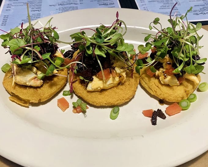 Fried green tomatoes with a fancy garnish—Southern comfort food that cleaned up nice for company.