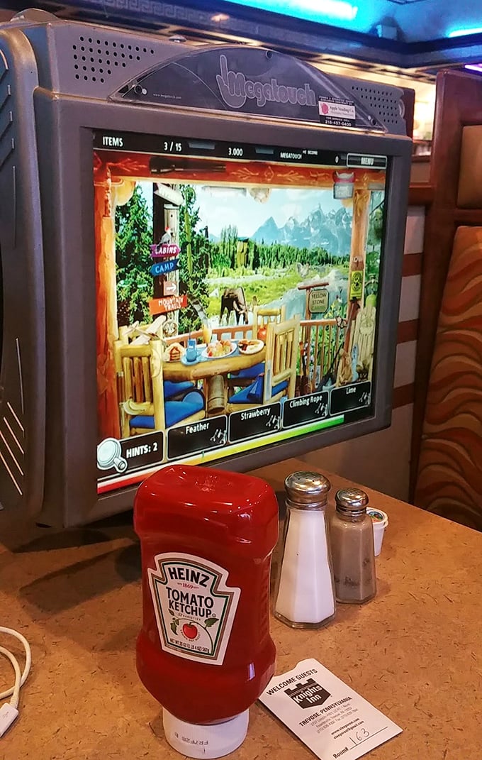 Between bites, try your luck at tabletop gaming—because nothing says "classic diner experience" like ketchup, salt, and a hidden object challenge.