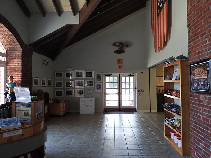 The gift shop interior combines rustic charm with air conditioning—arguably the most important historical innovation for Florida tourism.