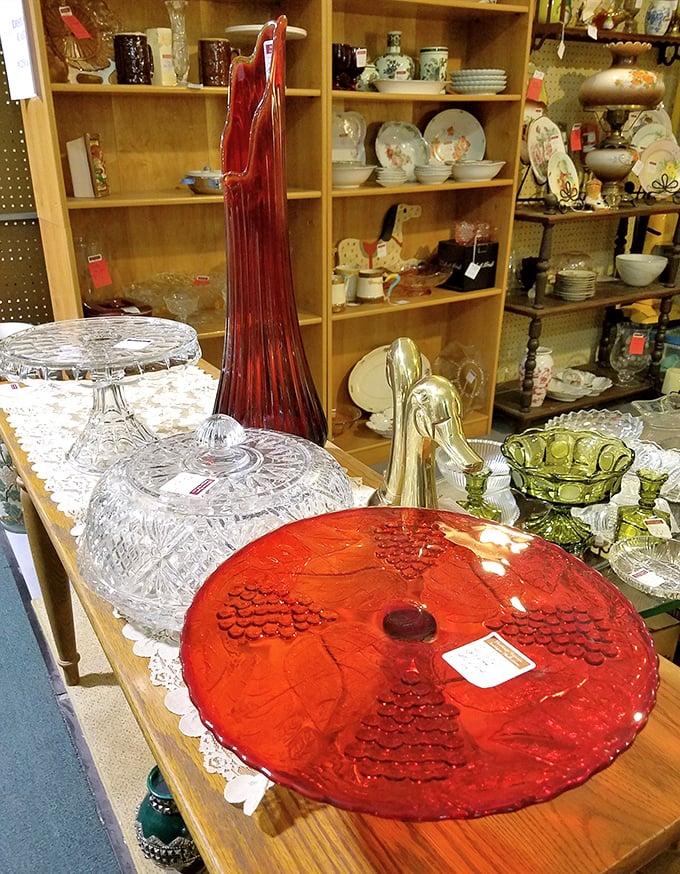 Ruby red glassware catches the light like liquid garnets, proving that serving dishes from yesteryear still outshine many of today's mass-produced options.